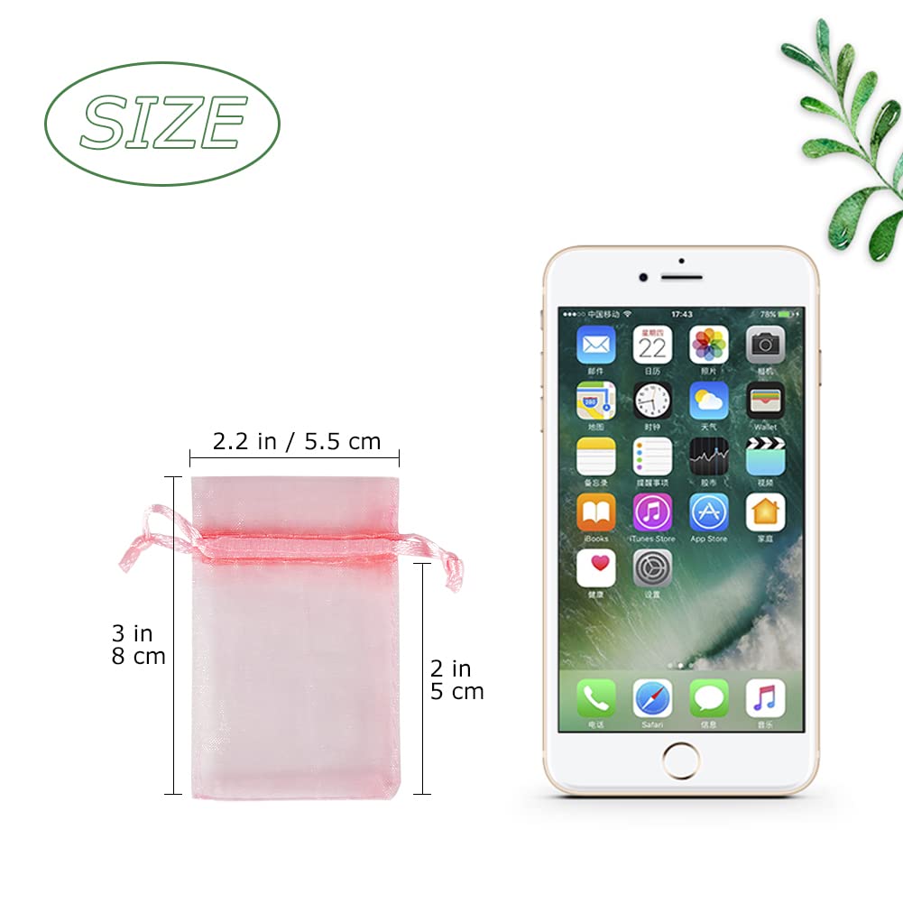 HRX Package 100pcs Tiny Organza Jewelry Bags 2x3 inch, Little Pink Mesh Drawstring Gift Pouches for Candy Sample Party Favors