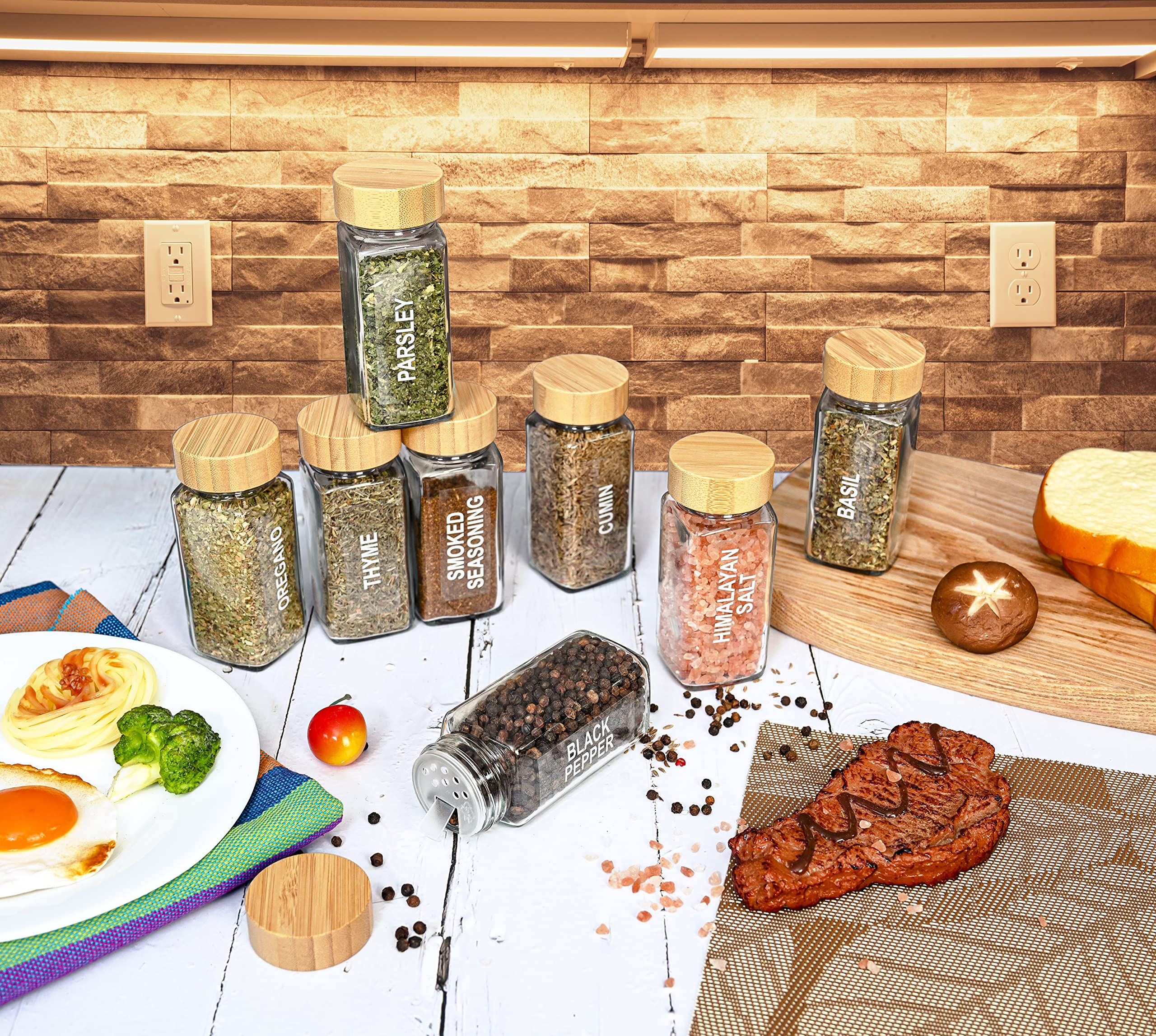 24 Glass Spice Jars with Label Set Bamboo Shaker Lids & Funnel, Kitchen Airtight Sugar Packet Holder Storage Jars with Lid, Spices & Seasonings Sets Organizer Spice Containers, Glass Jar Food Canister