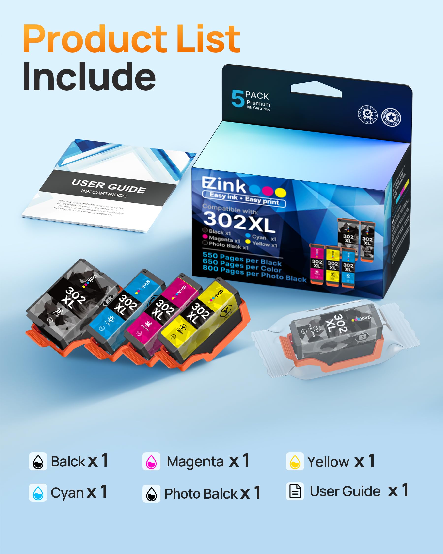 E-Z Ink (TM Remanufactured Ink Cartridge Replacement for Epson 302XL 302 T302XL T302 to use with Expression Premium XP-6000 XP6000 XP-6100 Printer (5 Pack)