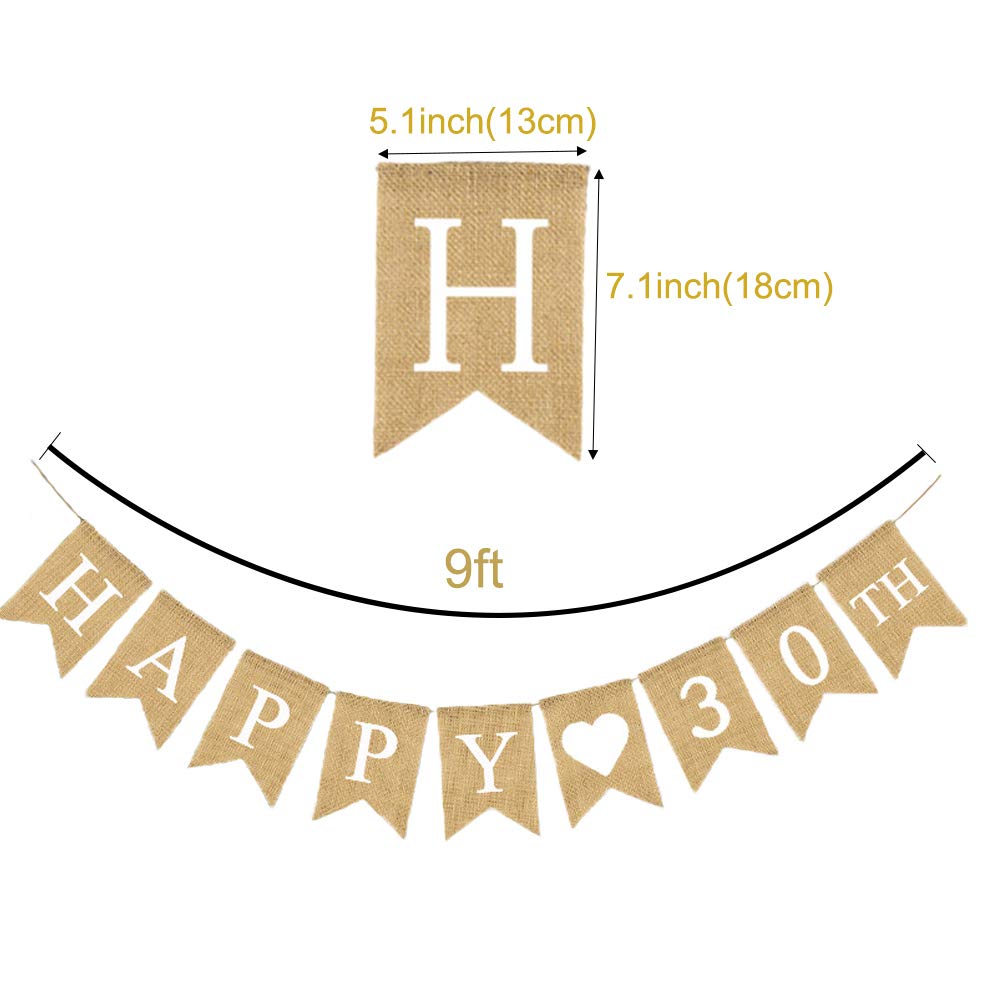 Happy 30th Birthday Banner Burlap Durable 30th Birthday Anniversary Decorations Bunting Garland Backdrop for Him Men Her