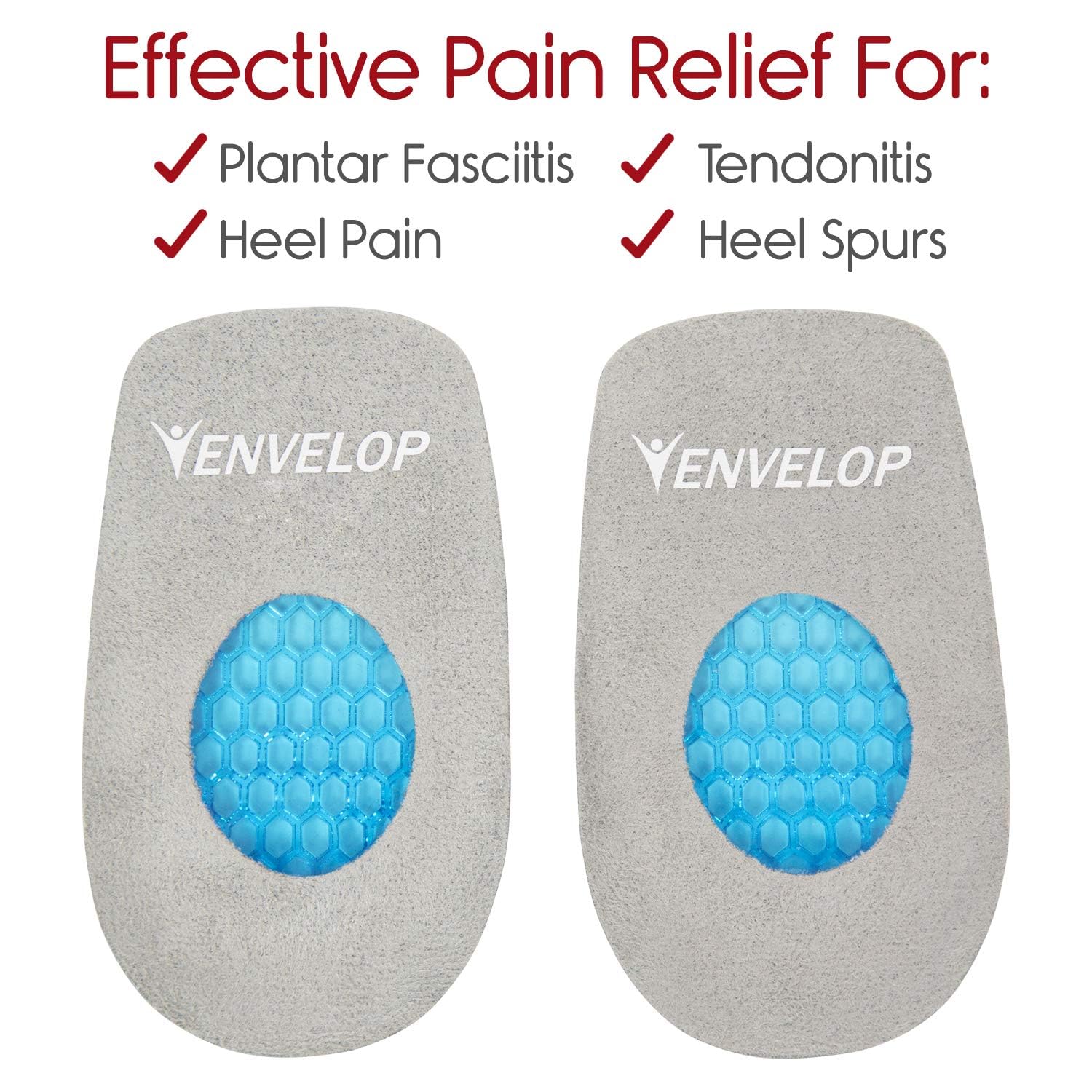 Vive Envelop Gel Heel Cups - Heel Cushion for Women, Men, Bone Spur, Plantar Fasciitis Support - Shoe Inserts Provide Foot Pain Relief