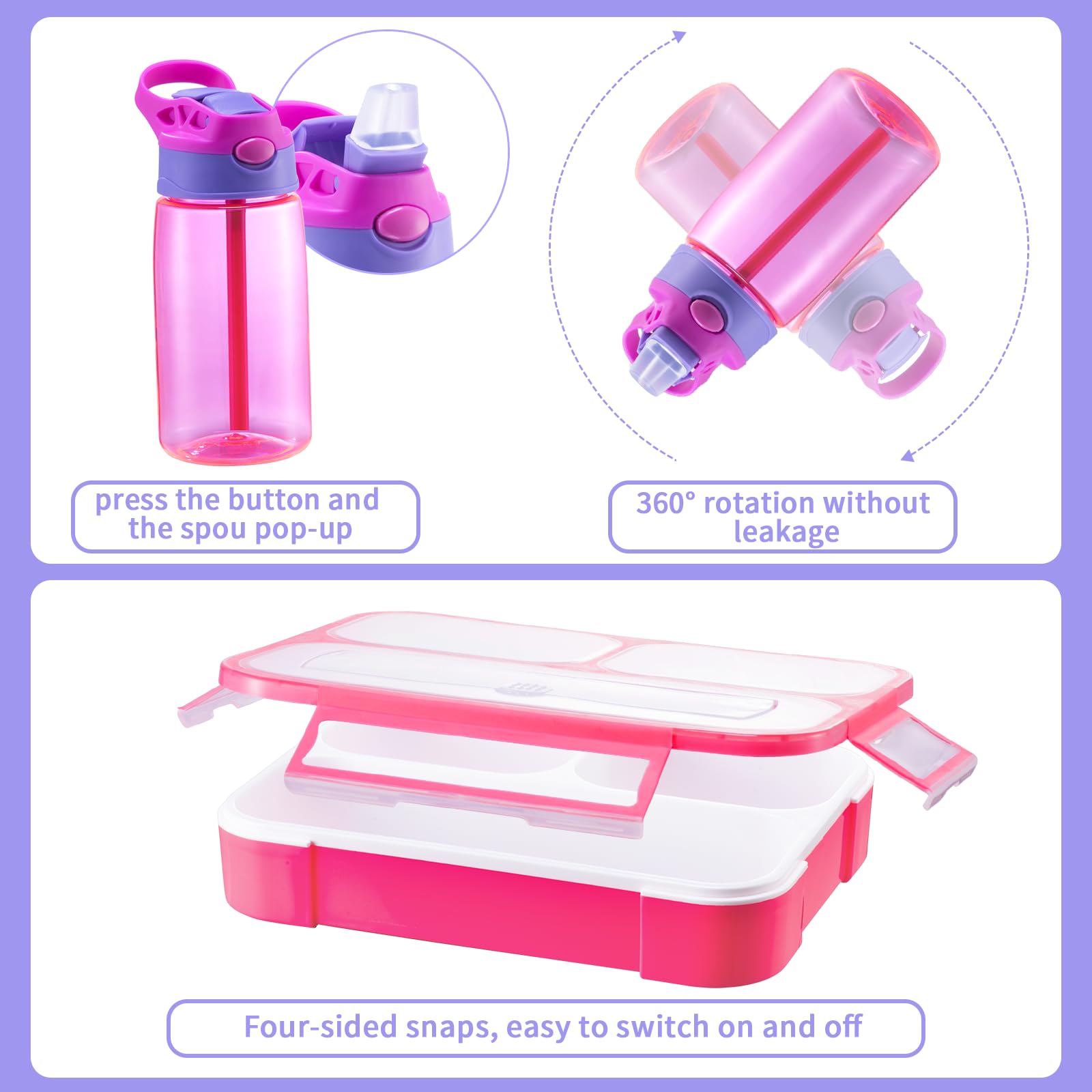 COO&KOO Unicorn Lunch Bag Lunch Box Set, Insulated Lunch Bag with 3 Compartment Bento Box Ice Pack Water Bottle Silicon Cap Spoon Salad Container for Lunch Kid's School Supplies Ideal for Age 7-15