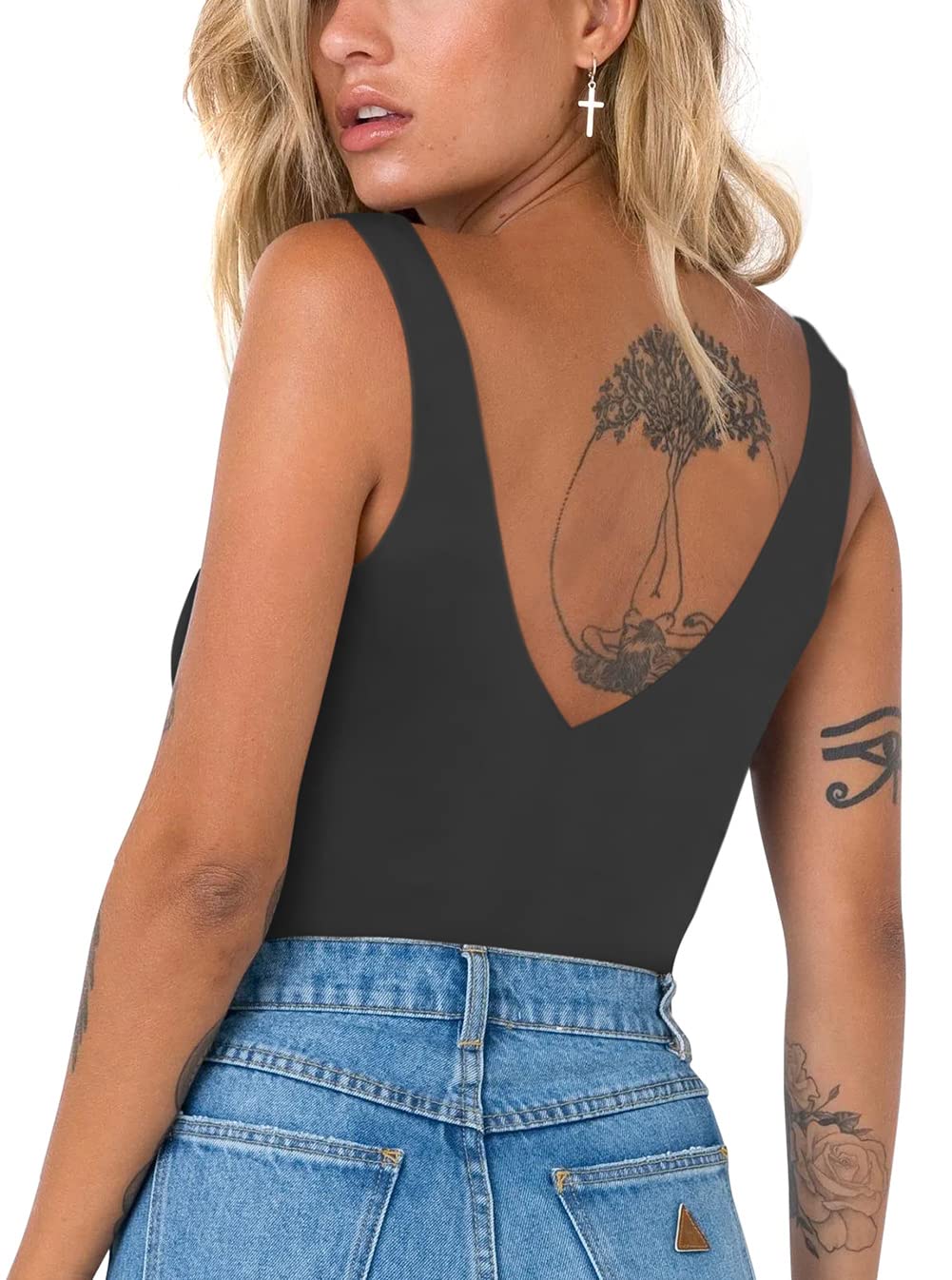 REORIA Women's Summer Sexy Plunge Deep V Neck Sleeveless Double Lined One Piece Tank Tops Thong Bodysuits Leotards for Going Out Black- Medium