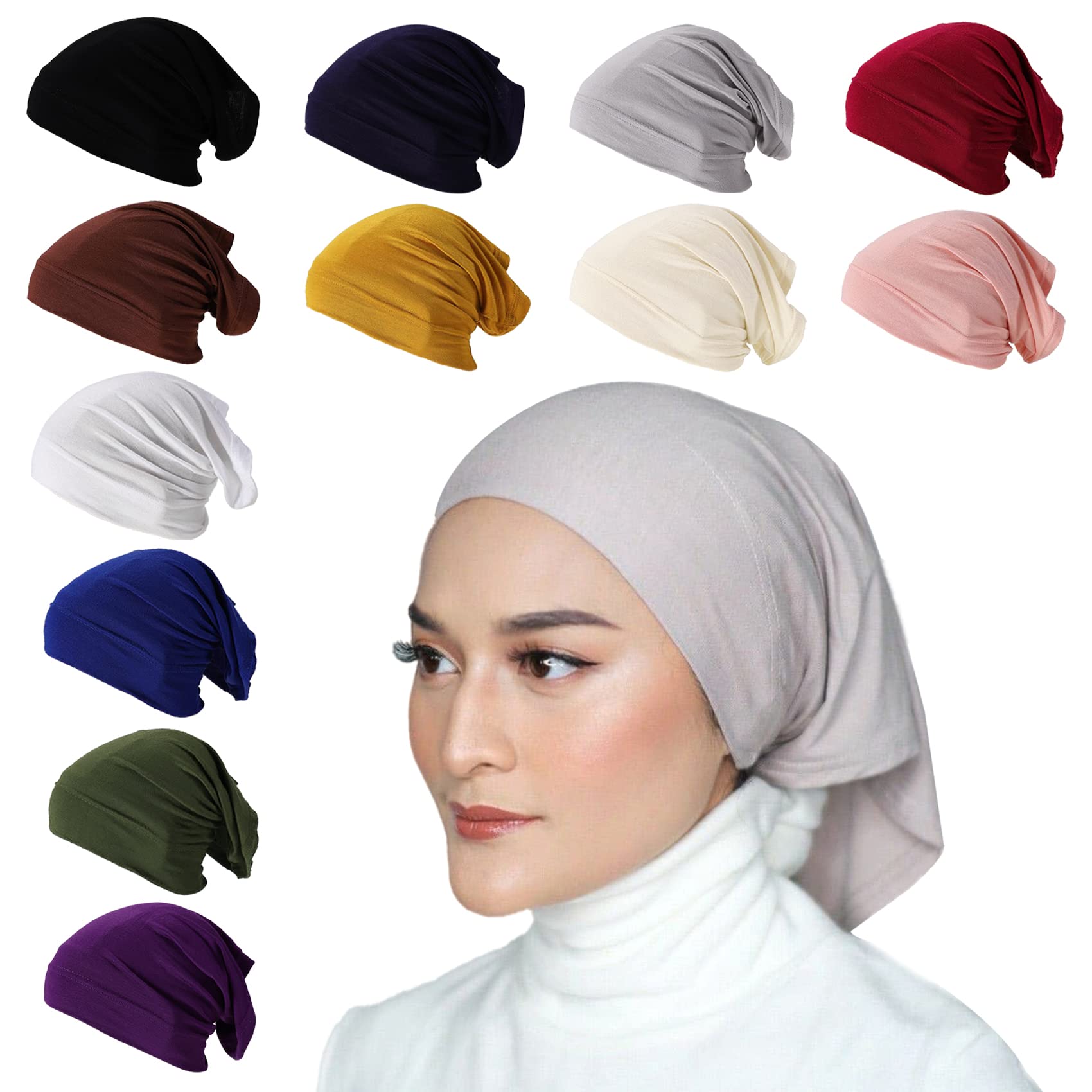 Under Hijab Hat Cap Stretch Solid Color Muslim Under Scarf Bonnet Jersey Cap Head Wrap Tube Hat Opens on 2 Ends Neck Cover