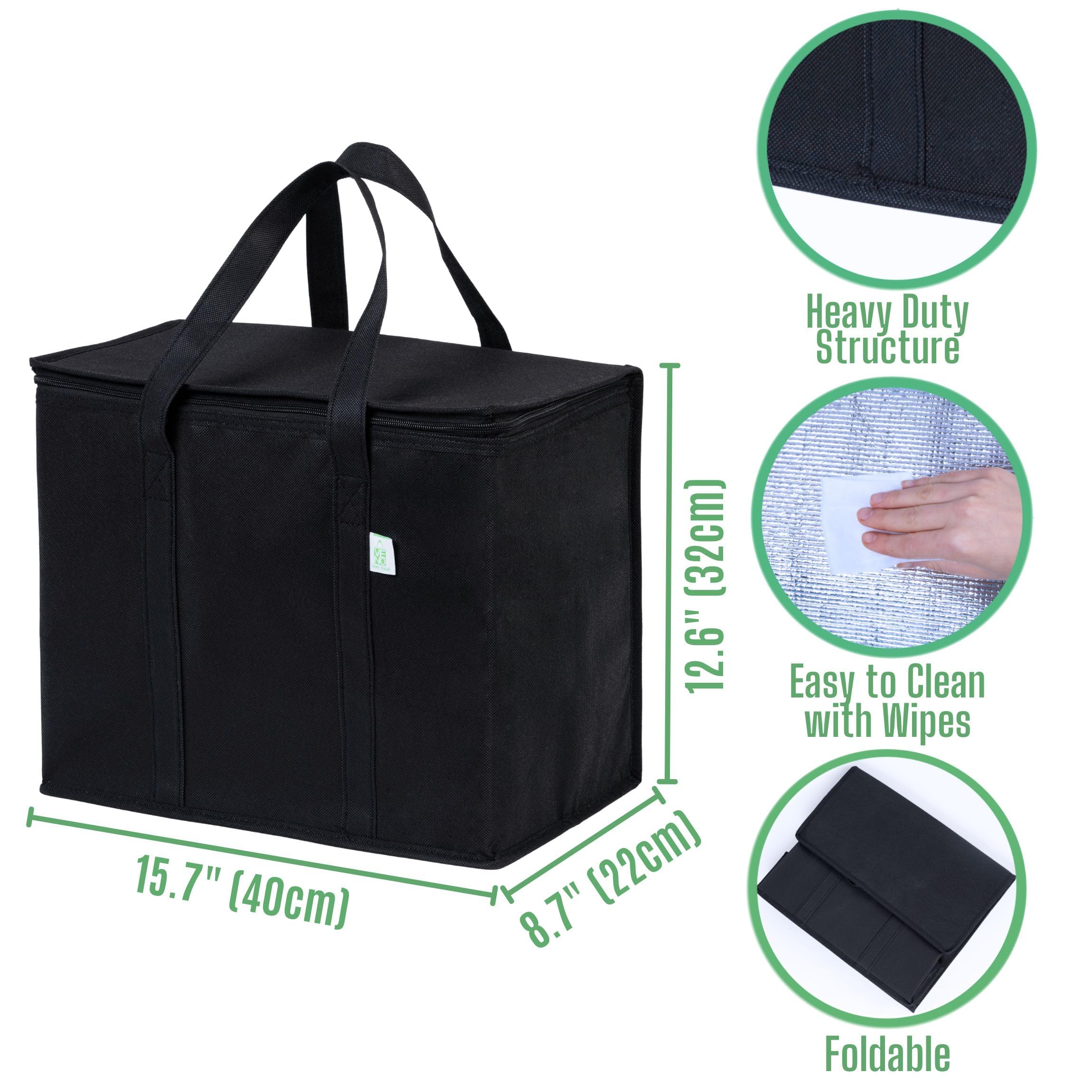 VENO 2 Pack Insulated Reusable Grocery Bag, Food Delivery Bag, Durable, Heavy Duty, Large Size, Stands Upright, Collapsible, Sturdy Zipper, Reusable and Sustainable (BLACK, 2)