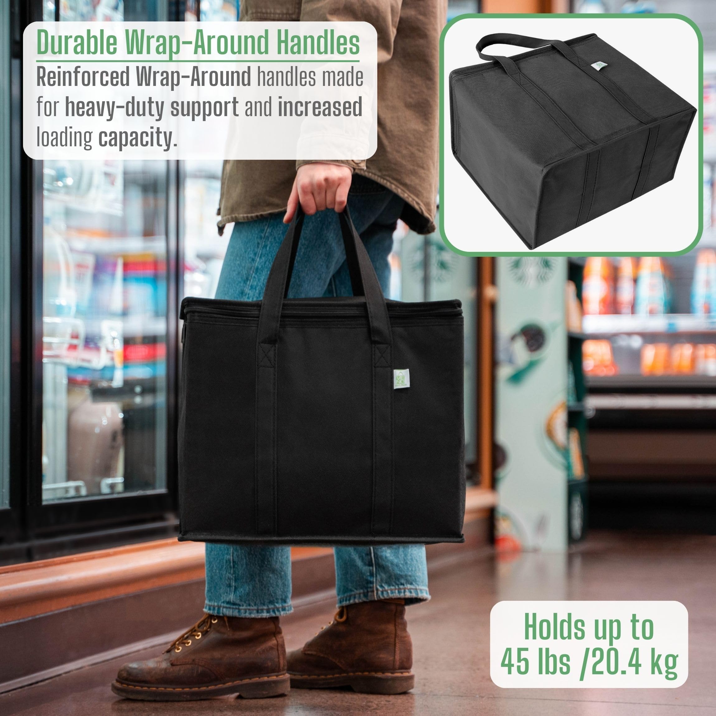VENO 2 Pack Insulated Reusable Grocery Bag, Food Delivery Bag, Durable, Heavy Duty, Large Size, Stands Upright, Collapsible, Sturdy Zipper, Reusable and Sustainable (BLACK, 2)