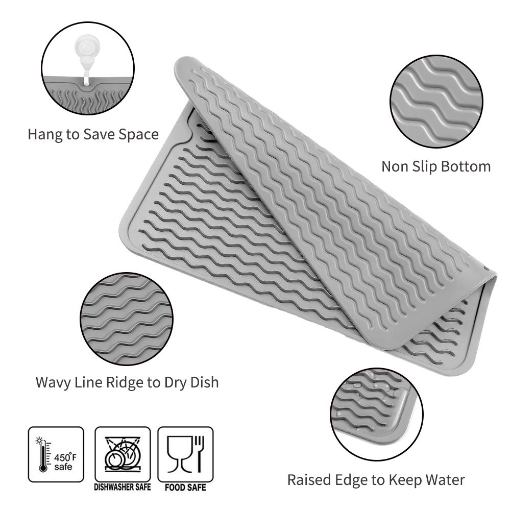 MicoYang Silicone Dish Drying Mat for Multiple Usage,Easy clean,Eco-friendly,Heat-resistant Silicone Mat for Kitchen Counter or Sink,Refrigerator or Drawer liner Grey L 16 inches x 12 inches