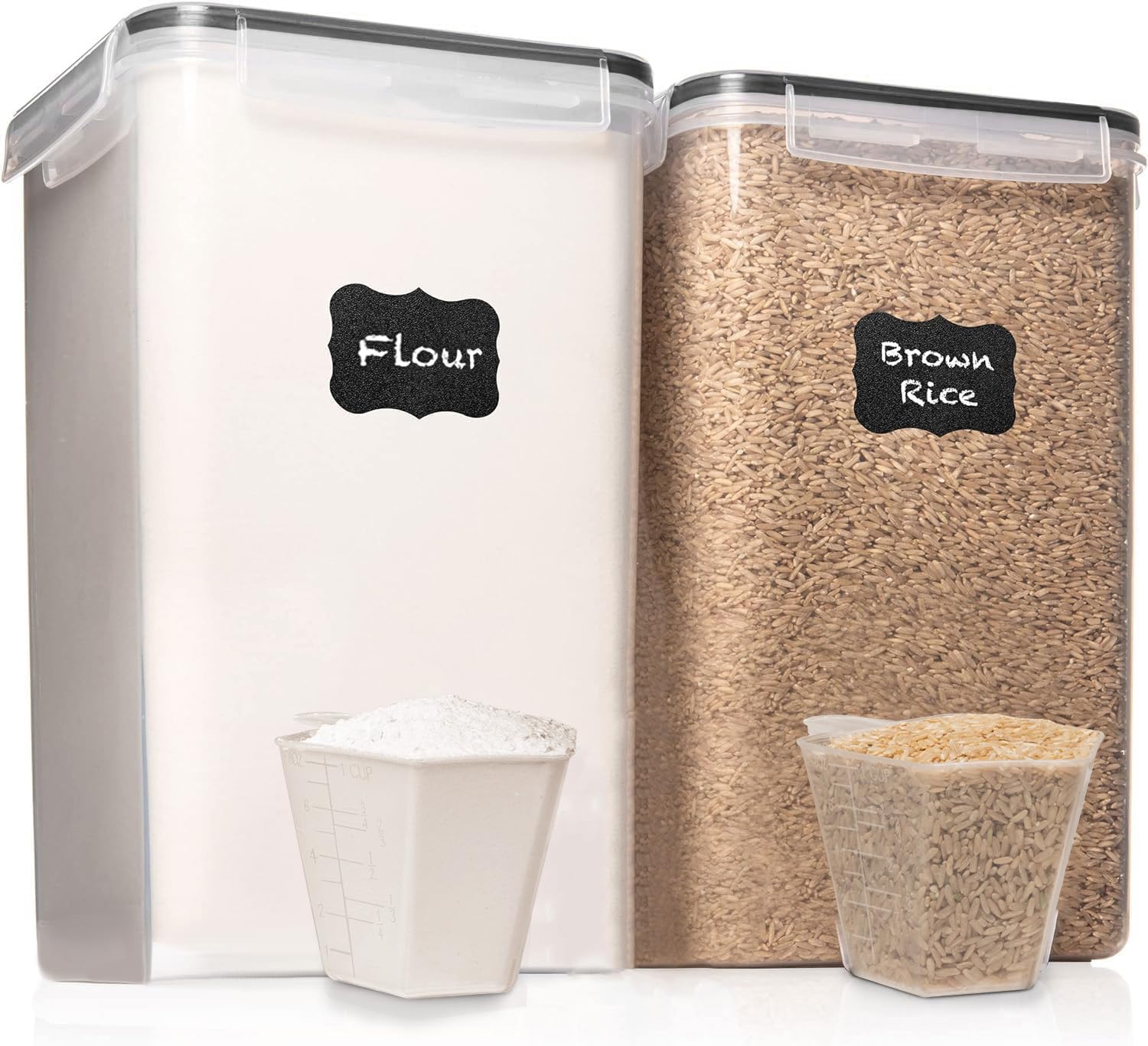XXL 7 qt / 6.5 L / 220 Oz Food Storage Airtight Pantry Containers [Set of 2] WIDE & DEEP + FREE 2 Measuring Cup + Ideal for Sugar, Flour - Clear Plastic - Leakproof - BPA Free - Grey