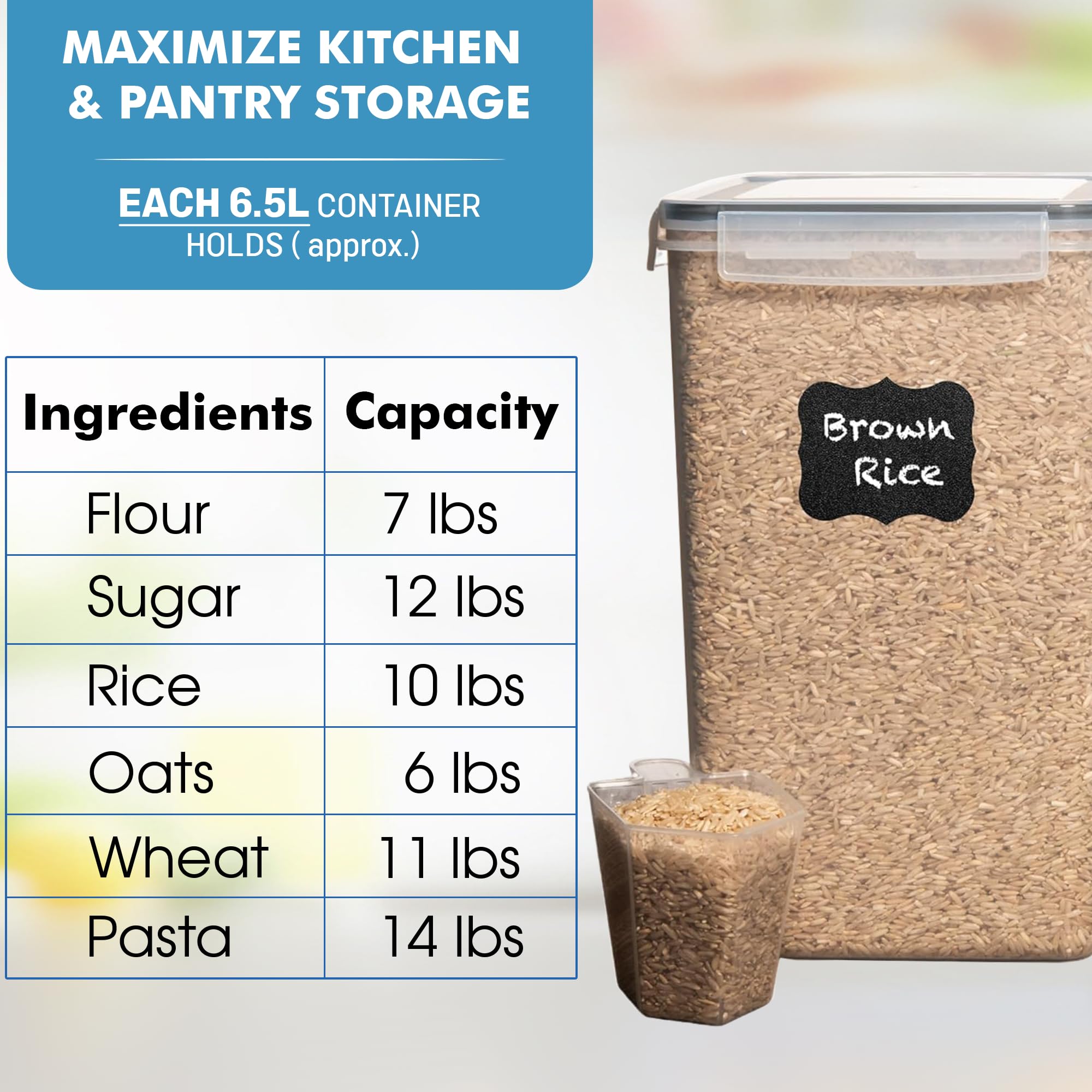 XXL 7 qt / 6.5 L / 220 Oz Food Storage Airtight Pantry Containers [Set of 2] WIDE & DEEP + FREE 2 Measuring Cup + Ideal for Sugar, Flour - Clear Plastic - Leakproof - BPA Free - Grey