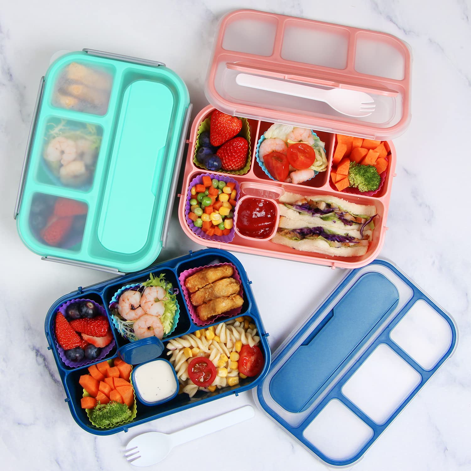 MaMix Bento Box Adult Lunch Box, Lunch Box Kids,Lunch Containers for Adults/Kids/Toddler,1300ML-4 Compartment Bento Lunch Box,with Accessories 4 Pcs Reusable Silicone Cups (Blue)