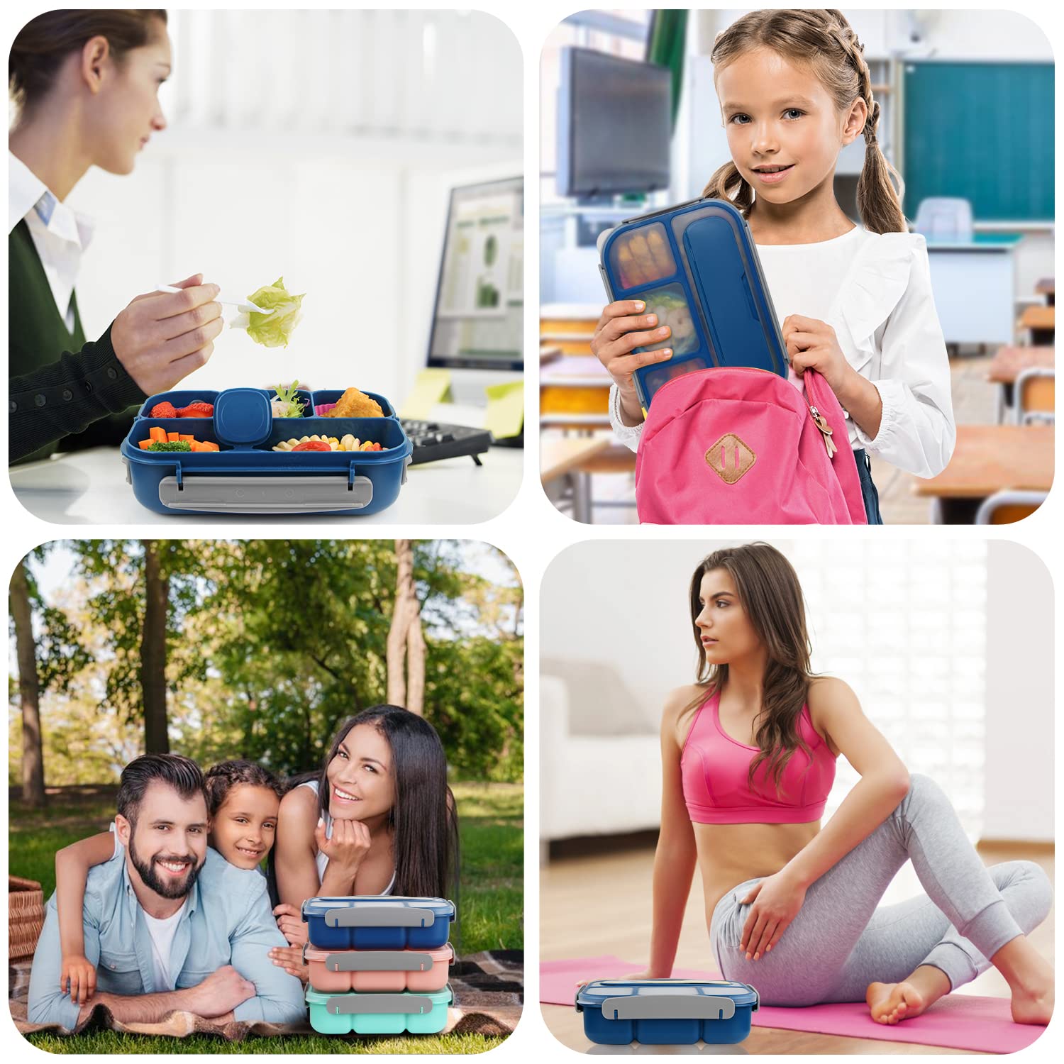 MaMix Bento Box Adult Lunch Box, Lunch Box Kids,Lunch Containers for Adults/Kids/Toddler,1300ML-4 Compartment Bento Lunch Box,with Accessories 4 Pcs Reusable Silicone Cups (Blue)