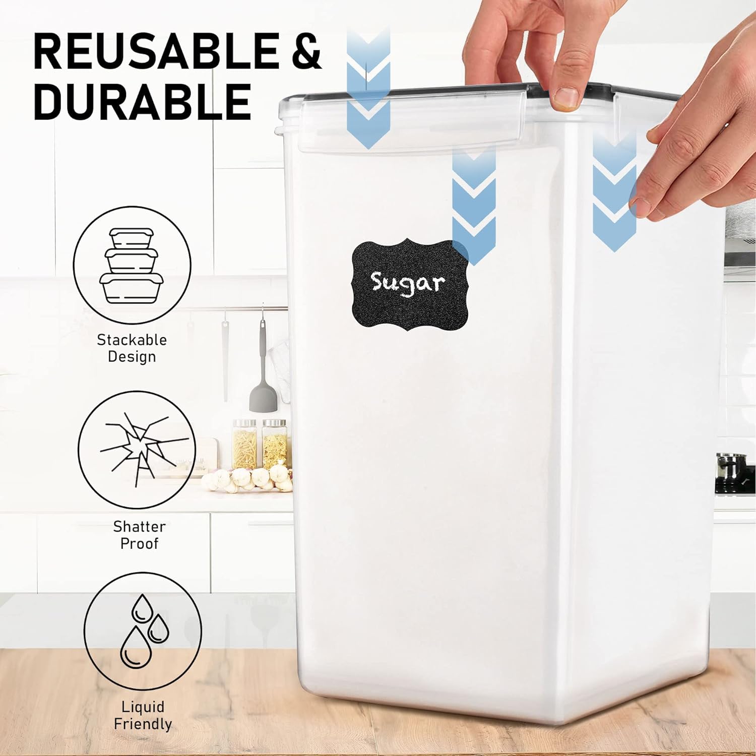 XXL 7 qt / 6.5 L / 220 Oz Food Storage Airtight Pantry Containers [Set of 2] WIDE & DEEP + FREE 2 Measuring Cup + Ideal for Sugar, Flour - Clear Plastic - Leakproof - BPA Free - Grey