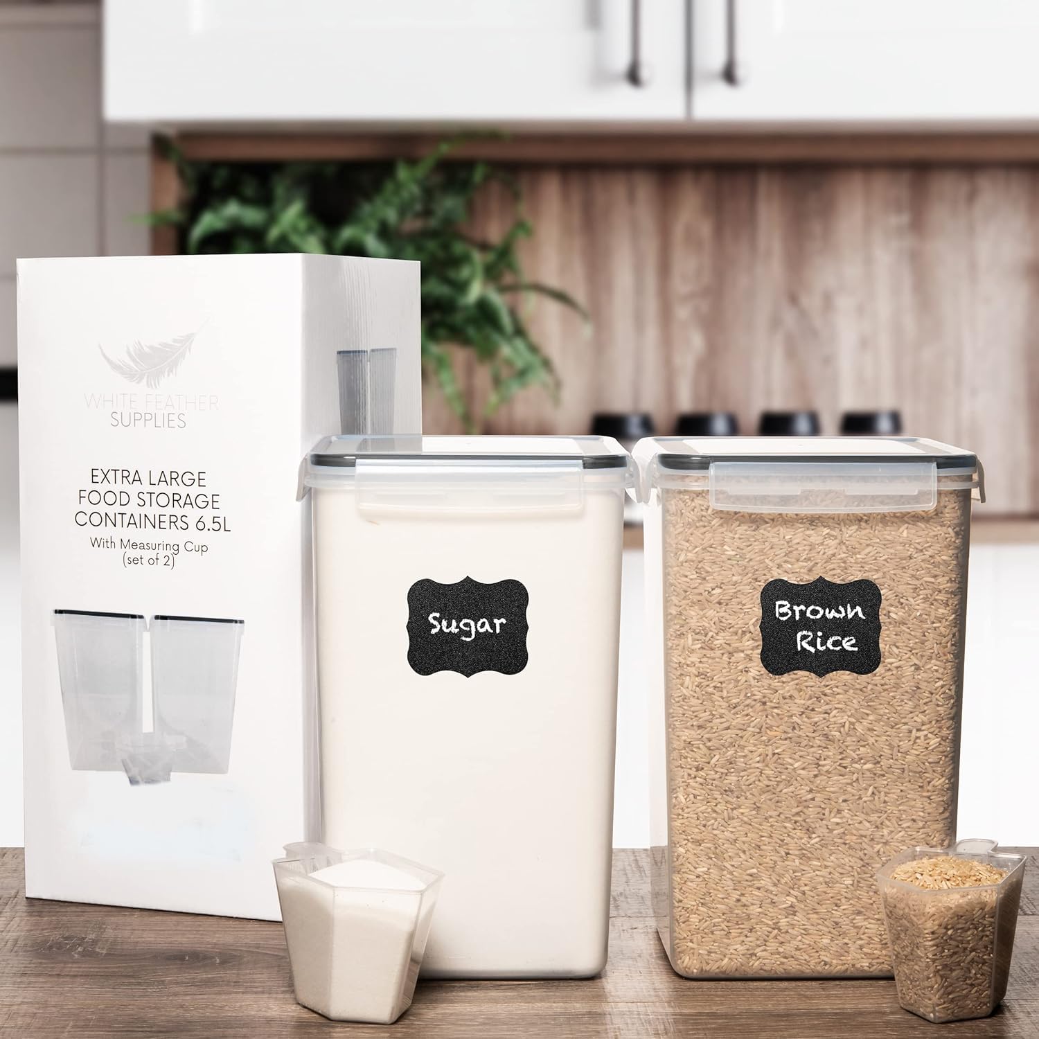 XXL 7 qt / 6.5 L / 220 Oz Food Storage Airtight Pantry Containers [Set of 2] WIDE & DEEP + FREE 2 Measuring Cup + Ideal for Sugar, Flour - Clear Plastic - Leakproof - BPA Free - Grey