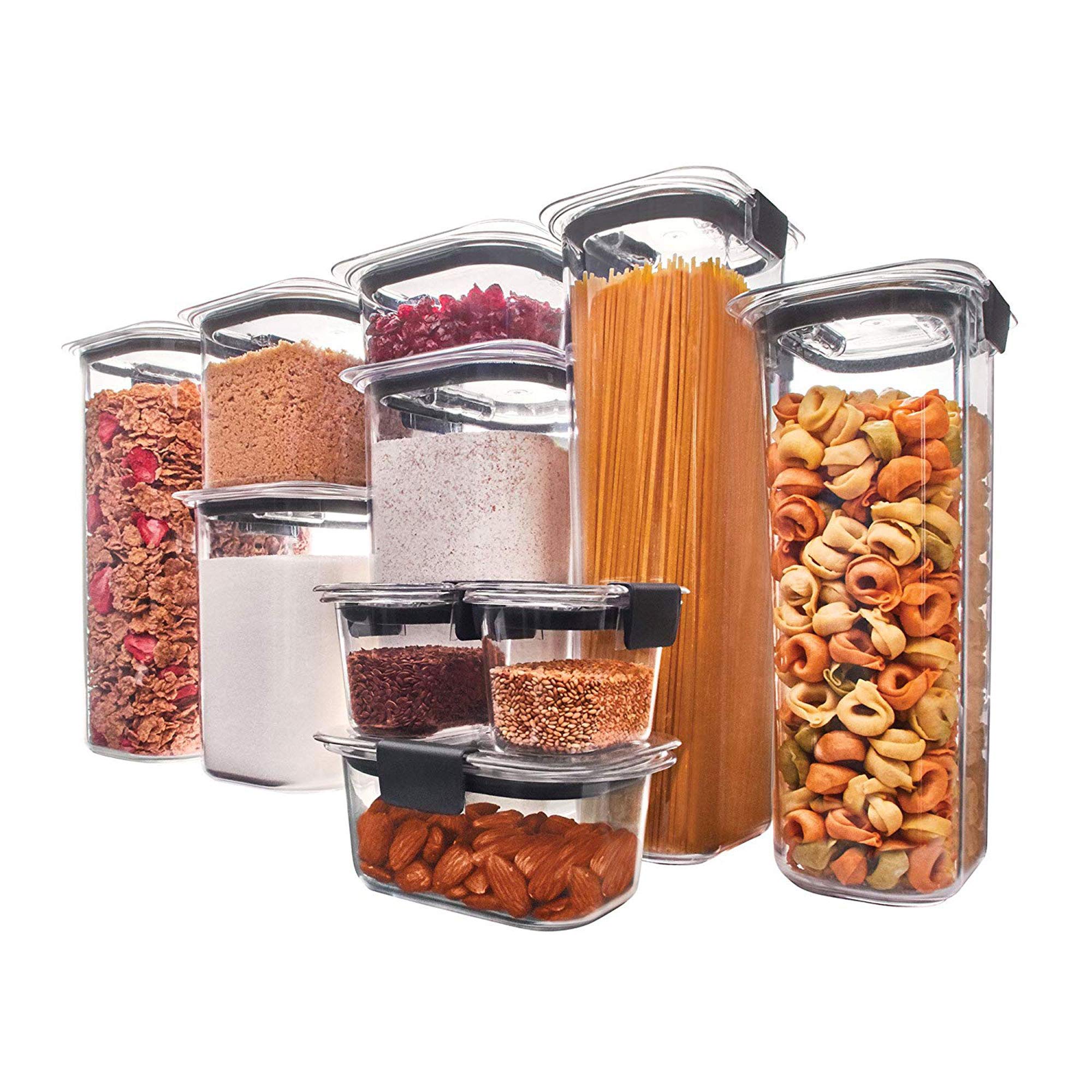 Rubbermaid 10-Piece Brilliance Food Storage Containers for Pantry with Salad Dressing and Condiment Containers and Lids, Dishwasher Safe, Clear/Grey