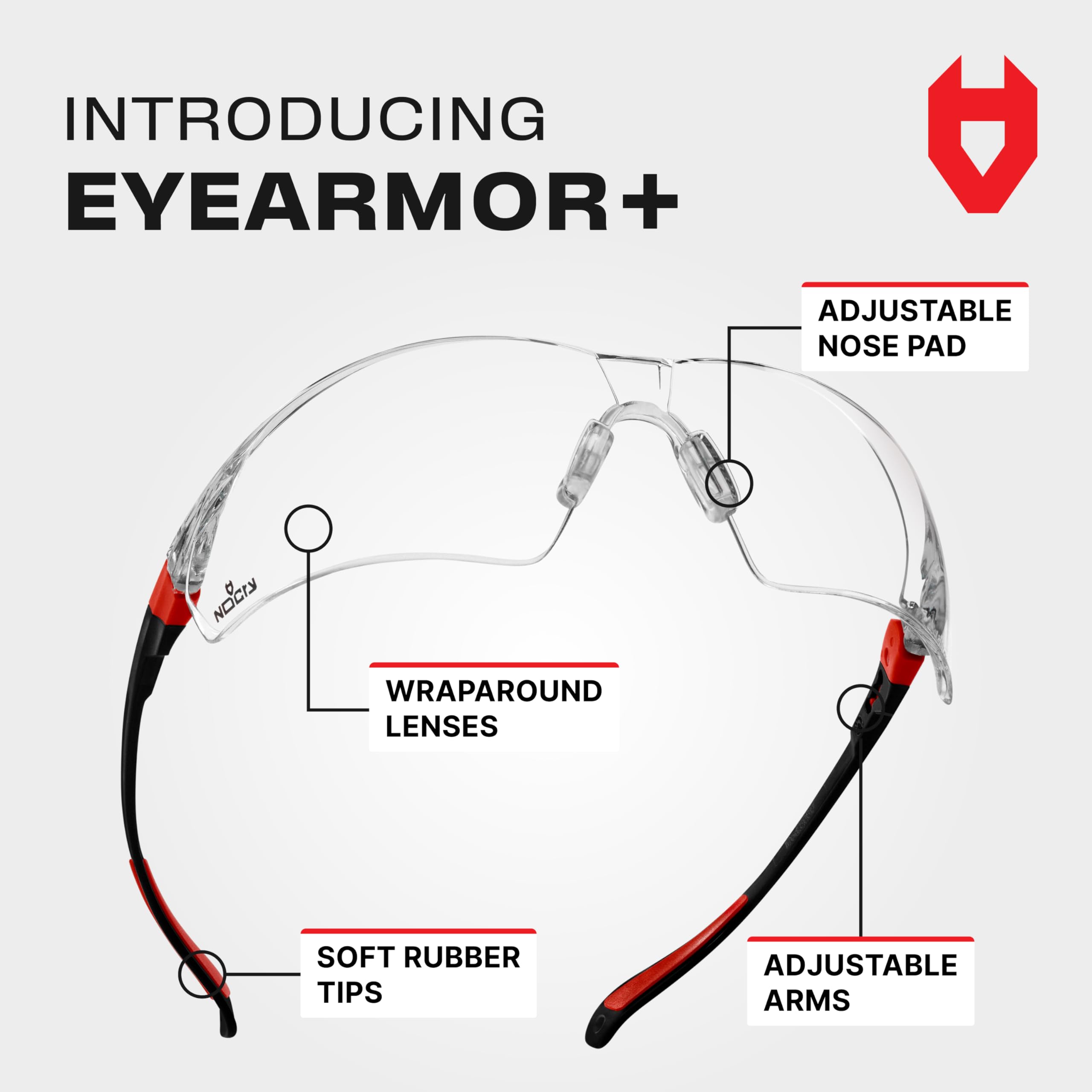 NoCry Clear Safety Glasses for Men and Women; Lightweight Work Glasses with Adjustable Frames and No-Slip Grips; Scratch Resistant Anti Fog Safety Glasses with Superior UV Protection, Black & Red