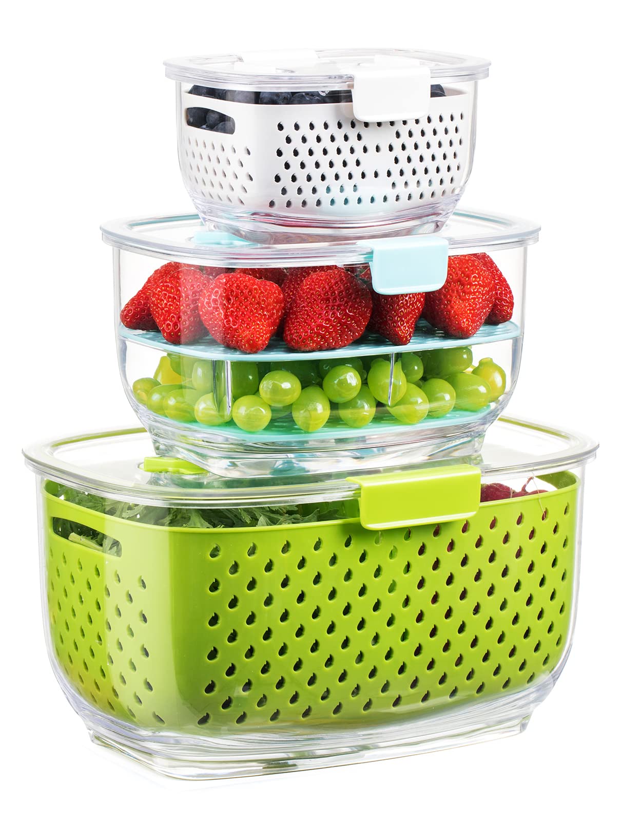 LUXEAR Fresh Produce Vegetable Fruit Storage Containers 3Piece Set, BPA-free Fridge Storage Container, Partitioned Salad Container, Fridge Organizers, Used in Storing Fruits Vegetables Meat Fresh Fish