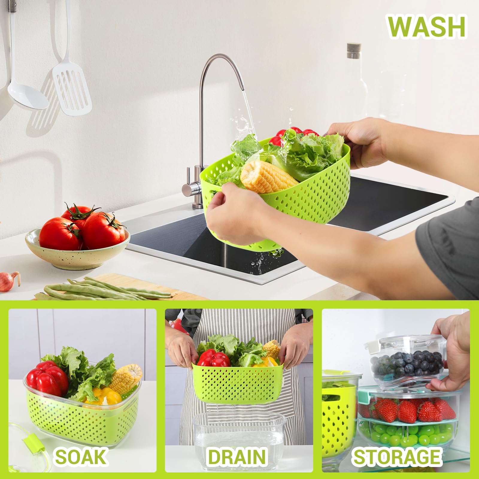 LUXEAR Fresh Produce Vegetable Fruit Storage Containers 3Piece Set, BPA-free Fridge Storage Container, Partitioned Salad Container, Fridge Organizers, Used in Storing Fruits Vegetables Meat Fresh Fish