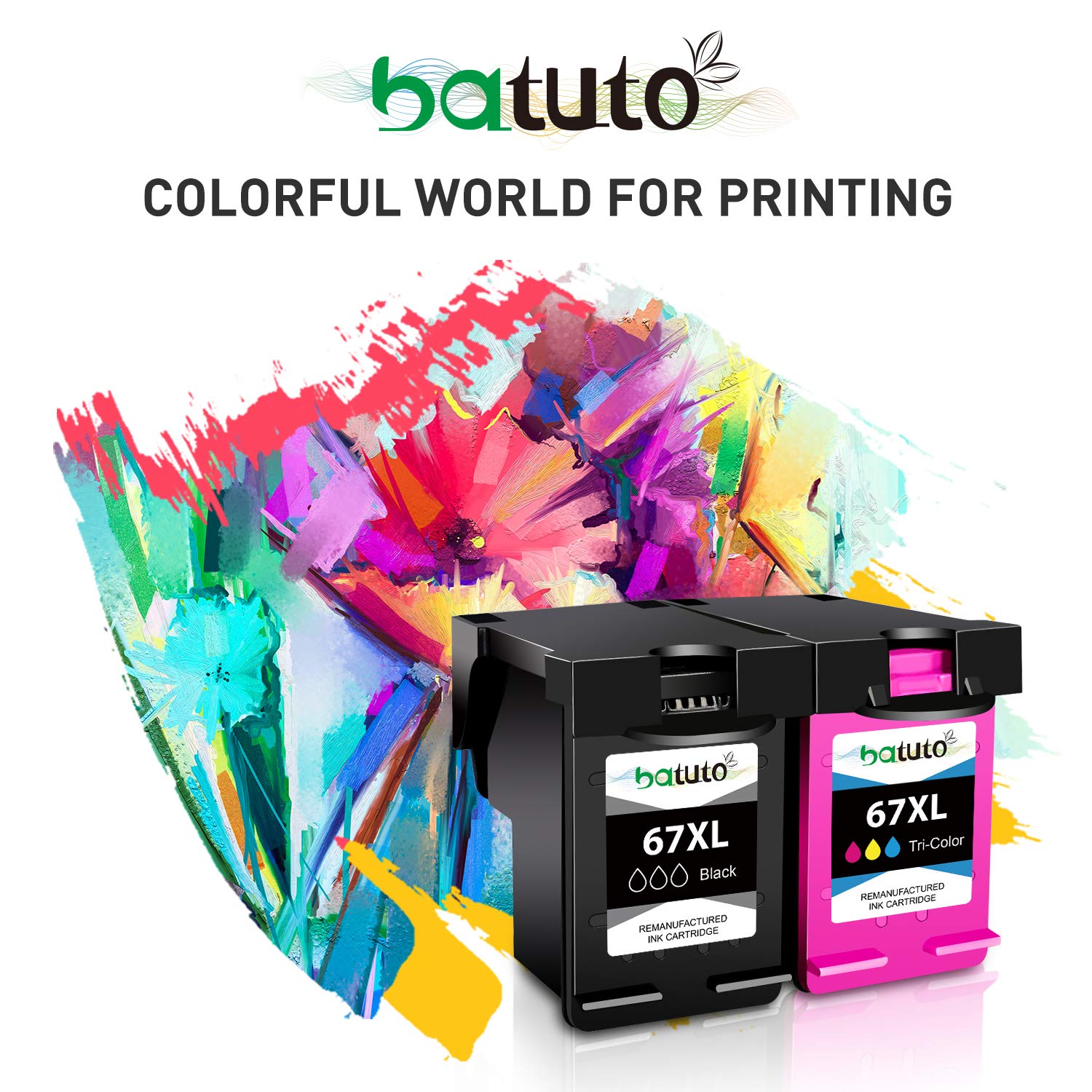batuto Remanufactured Inkjet for HP 67 3YM59A 3YM58A (Black Tri-Color 2 Pack) Replacement for HP Envy Pro 6452, 6455, 6458, HP DeskJet 1255, 2732, 2752, 2755, HP DeskJet Plus 4140, 4152