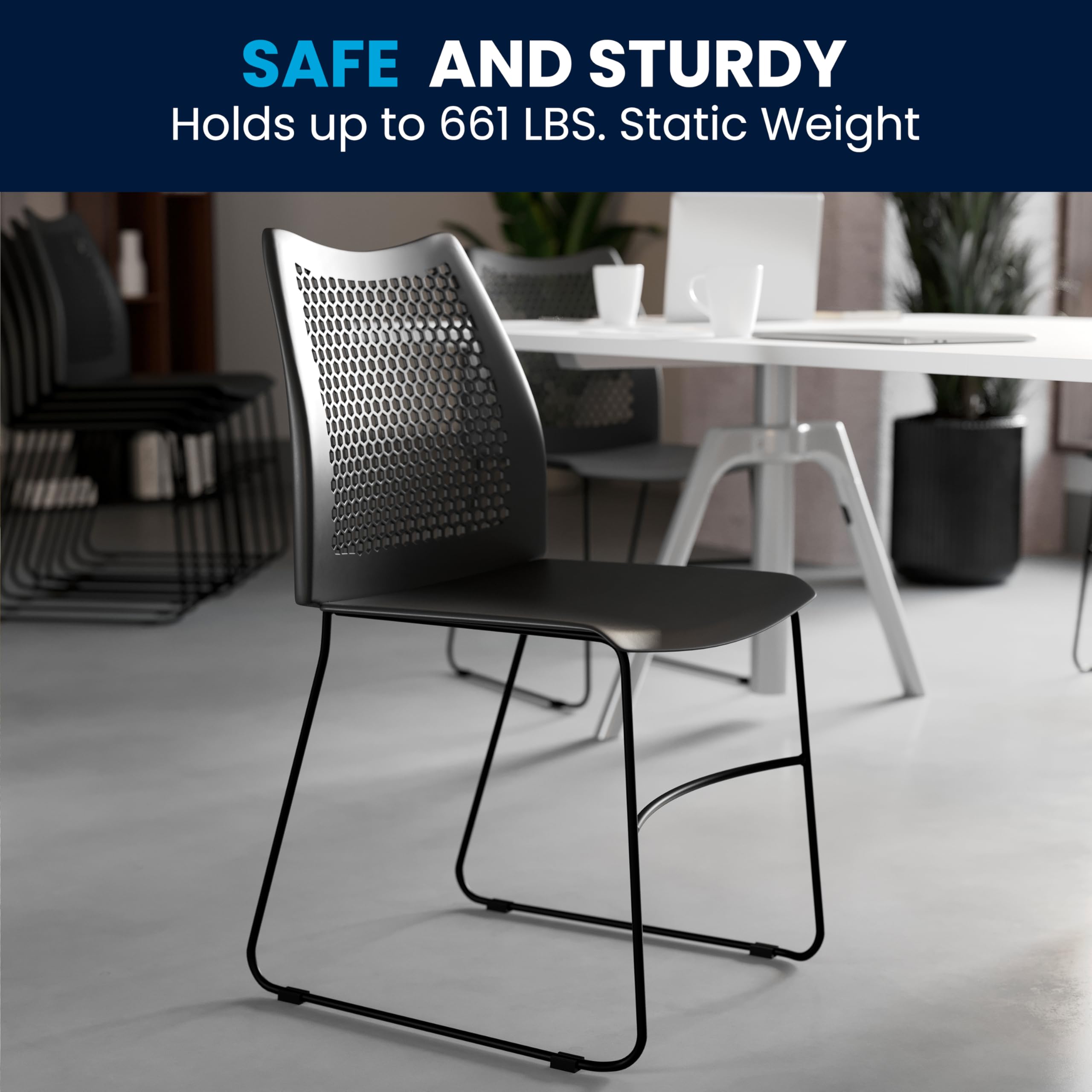 Flash Furniture 5 Pack HERCULES Series 661 lb. Capacity Black Stack Chair with Air-Vent Back and Black Powder Coated Sled Base