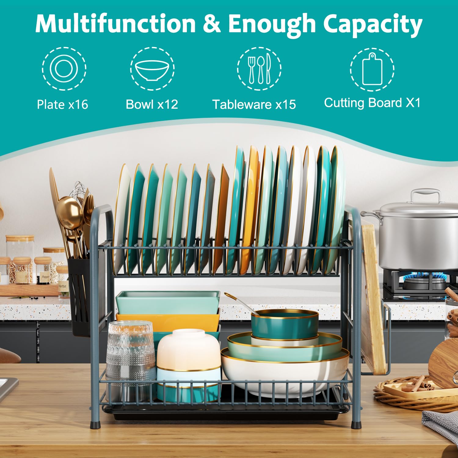Naturous Dish Rack, 2 Tier Dish Drying Rack Kitchen Organizer with Drain Board, Utensil Holder, Cutting Board Holder, Gray