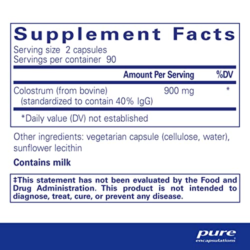 Pure Encapsulations Colostrum | 40% IgG Highly Concentrated Immune Support | 180 Capsules