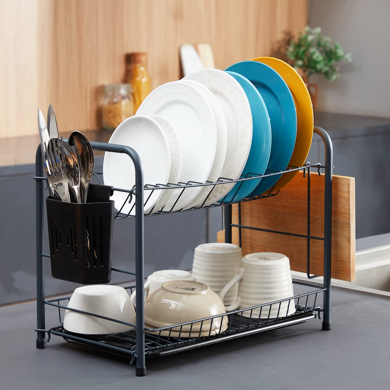 Naturous Dish Rack, 2 Tier Dish Drying Rack Kitchen Organizer with Drain Board, Utensil Holder, Cutting Board Holder, Gray