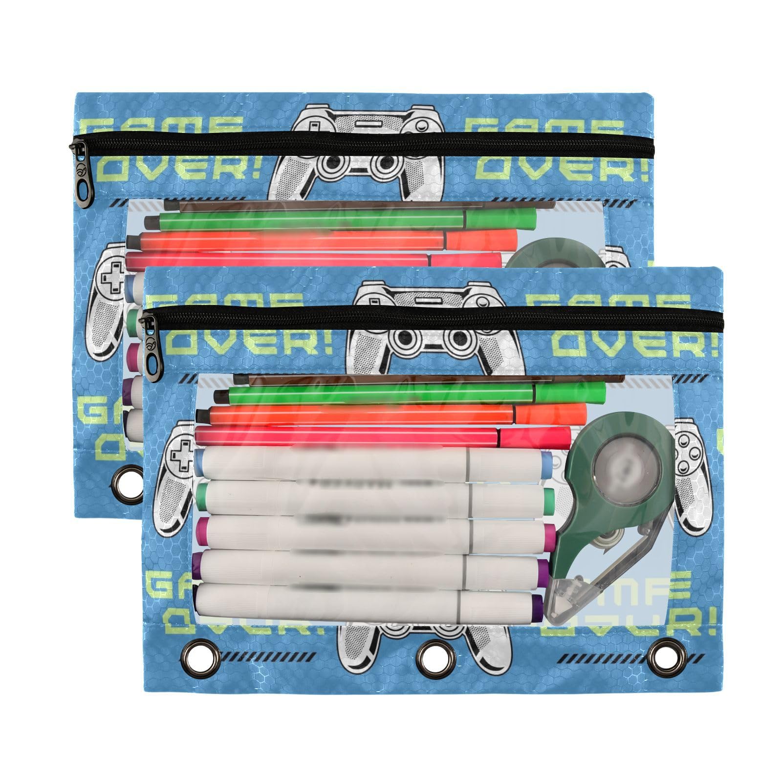 WIFIU Joysticks Gamepad Slogan Pencil Pouch for 3 Ring Binder Pockets Clear Window Pencil Bag with Smooth Zipper Video Game Controller Pencil Case for Organization Office Supplies Cosmetics 2 Pack