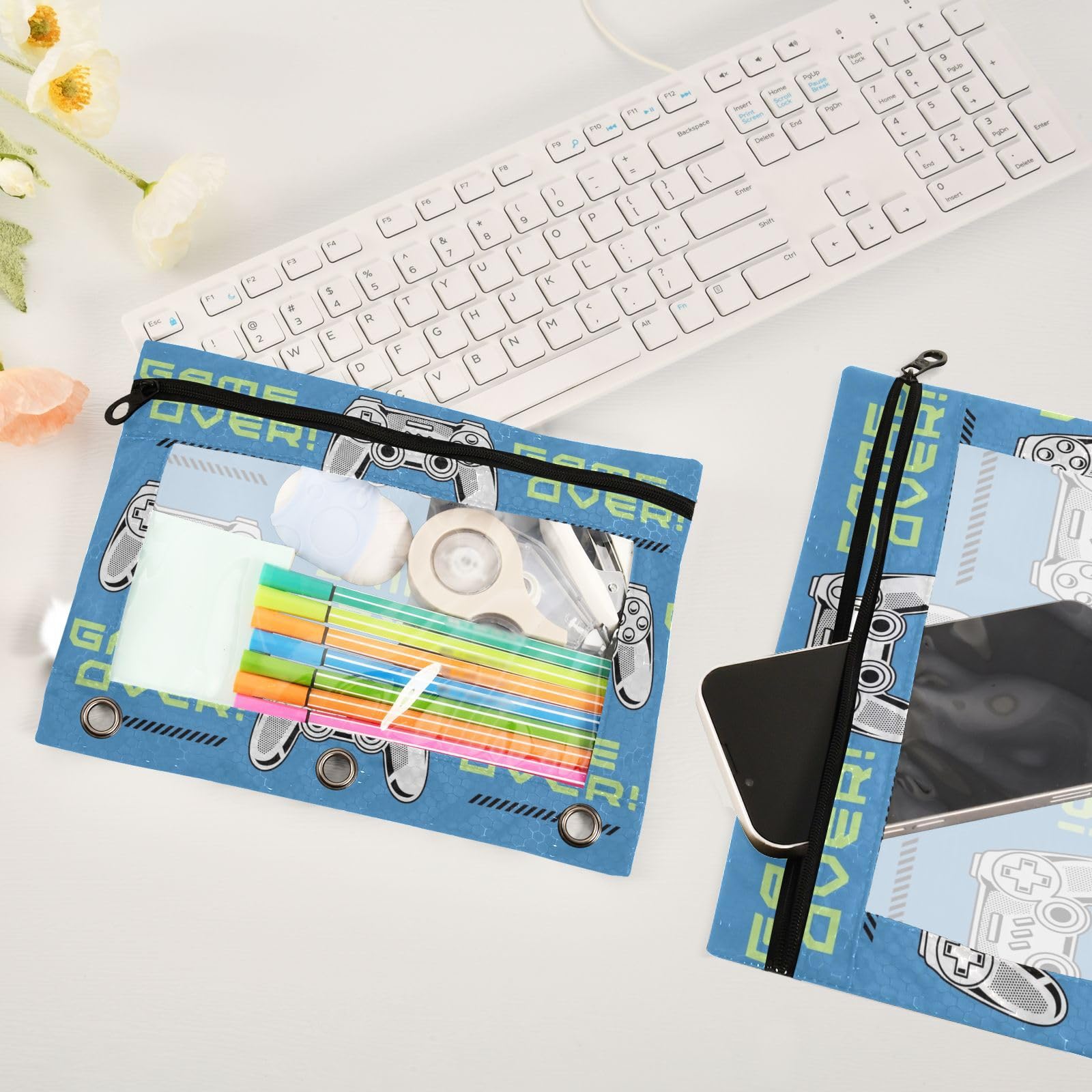 WIFIU Joysticks Gamepad Slogan Pencil Pouch for 3 Ring Binder Pockets Clear Window Pencil Bag with Smooth Zipper Video Game Controller Pencil Case for Organization Office Supplies Cosmetics 2 Pack