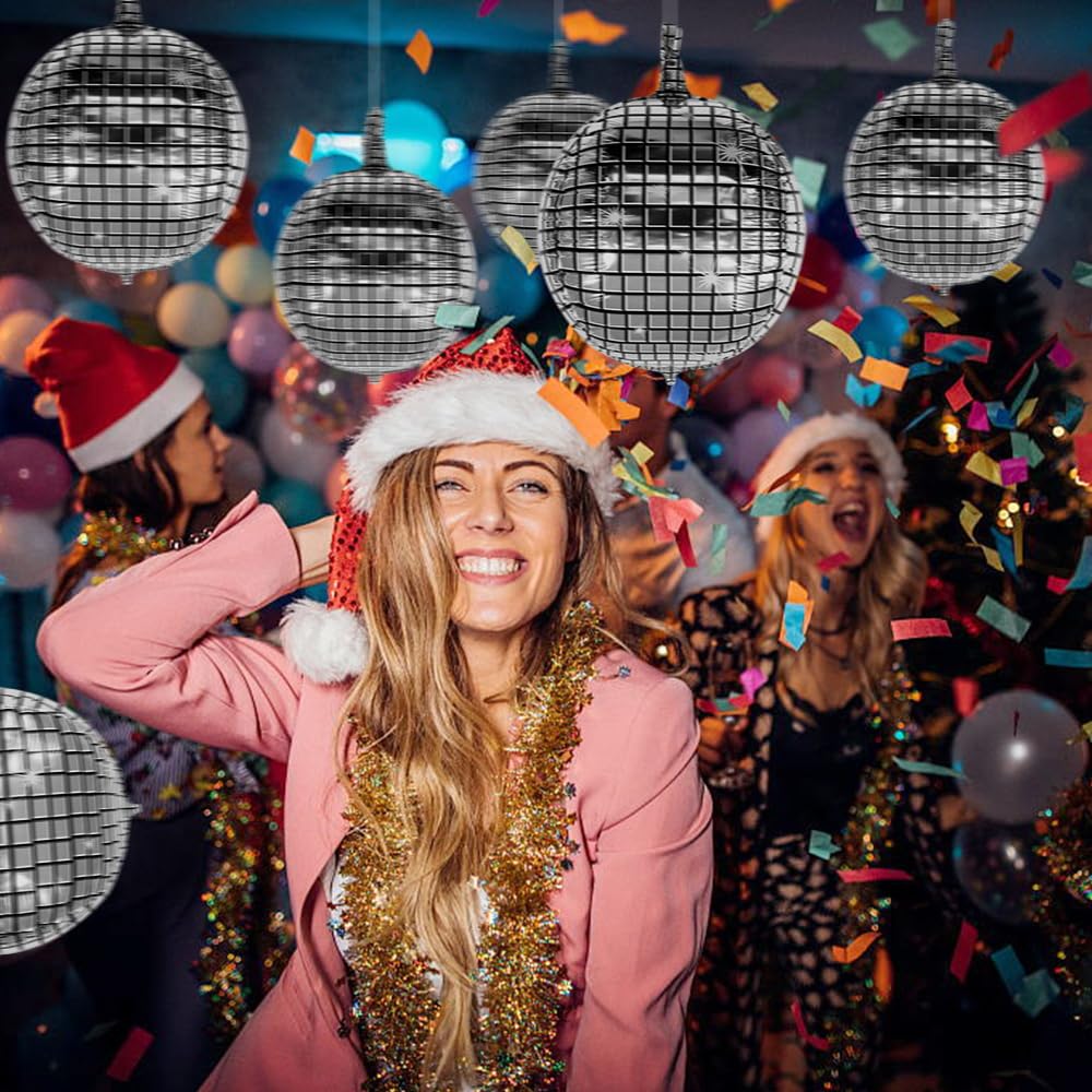 6 PCS Disco Ball Balloons Silver Disco Balloons 22 Inch Large 4D Round Metallic Mylar Foil Disco Balloons Party Supply Decorations for 70s 80s 90s Disco Themed Party Birthday Bachelorette Party