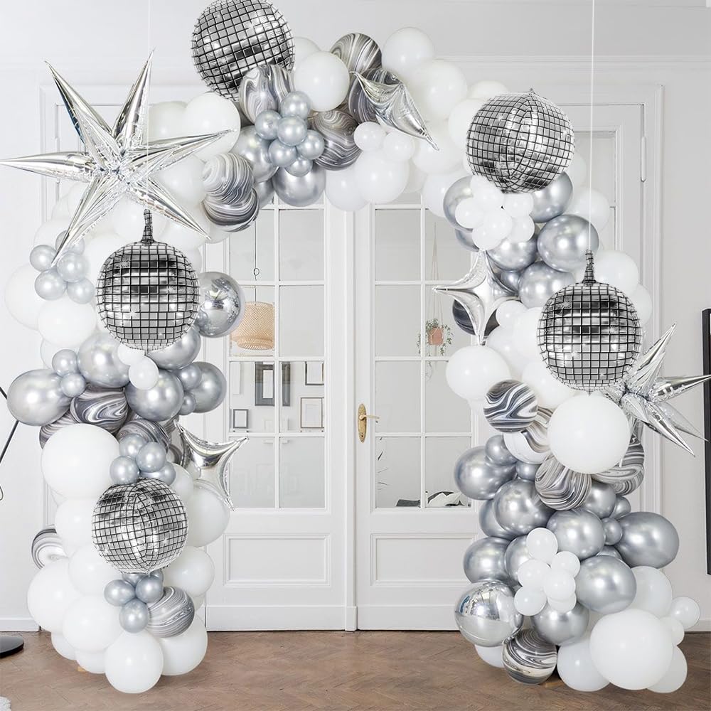 6 PCS Disco Ball Balloons Silver Disco Balloons 22 Inch Large 4D Round Metallic Mylar Foil Disco Balloons Party Supply Decorations for 70s 80s 90s Disco Themed Party Birthday Bachelorette Party