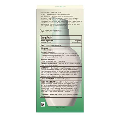 Aveeno Clear Complexion Salicylic Acid Acne-Fighting Daily Face Moisturizer with Total Soy Complex, For Breakout-Prone Skin, Oil-Free and Hypoallergenic, 4 fl. oz