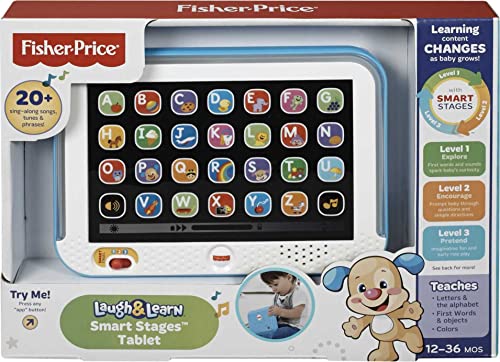 Fisher-Price Pretend Tablet Learning Toy with Lights Music and Smart Stages Educational Content for Baby and Toddler, Blue