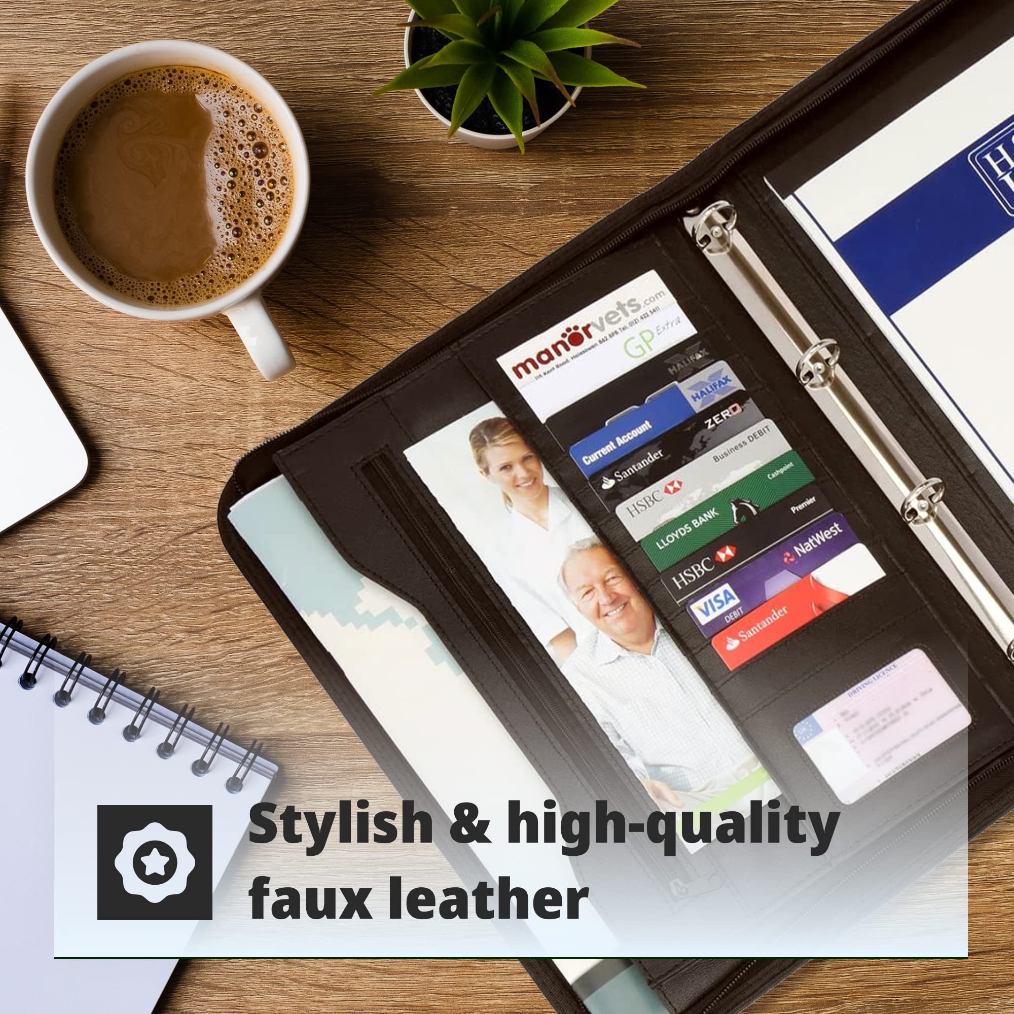 H&S Portfolio Folder A4 - Zipped Conference Folder - Faux Leather Folder for Documents with Ring Binder - A4 Organiser Folders - Work or Business Document Holder Padfolio Case