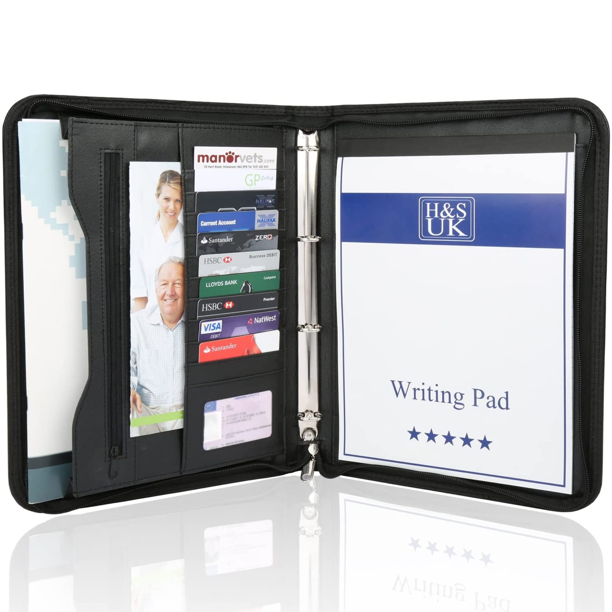 H&S Portfolio Folder A4 - Zipped Conference Folder - Faux Leather Folder for Documents with Ring Binder - A4 Organiser Folders - Work or Business Document Holder Padfolio Case