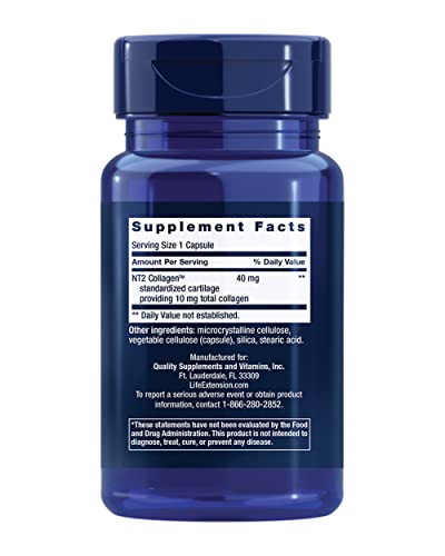 Life Extension NT2 Collagen - Undenatured Type II Collagen Supplement to Support Joint Mobility – Type 2 Collagen for Joints Cartilage Health - Non-GMO, Gluten-Free, Once-Daily - 60 Small Capsules