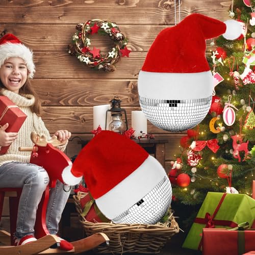 Liliful 2 Pcs Christmas Large Disco Ball Ornament With Santa Hat Silver Hanging Reflective Disco Ball for Party (12'', 8'')