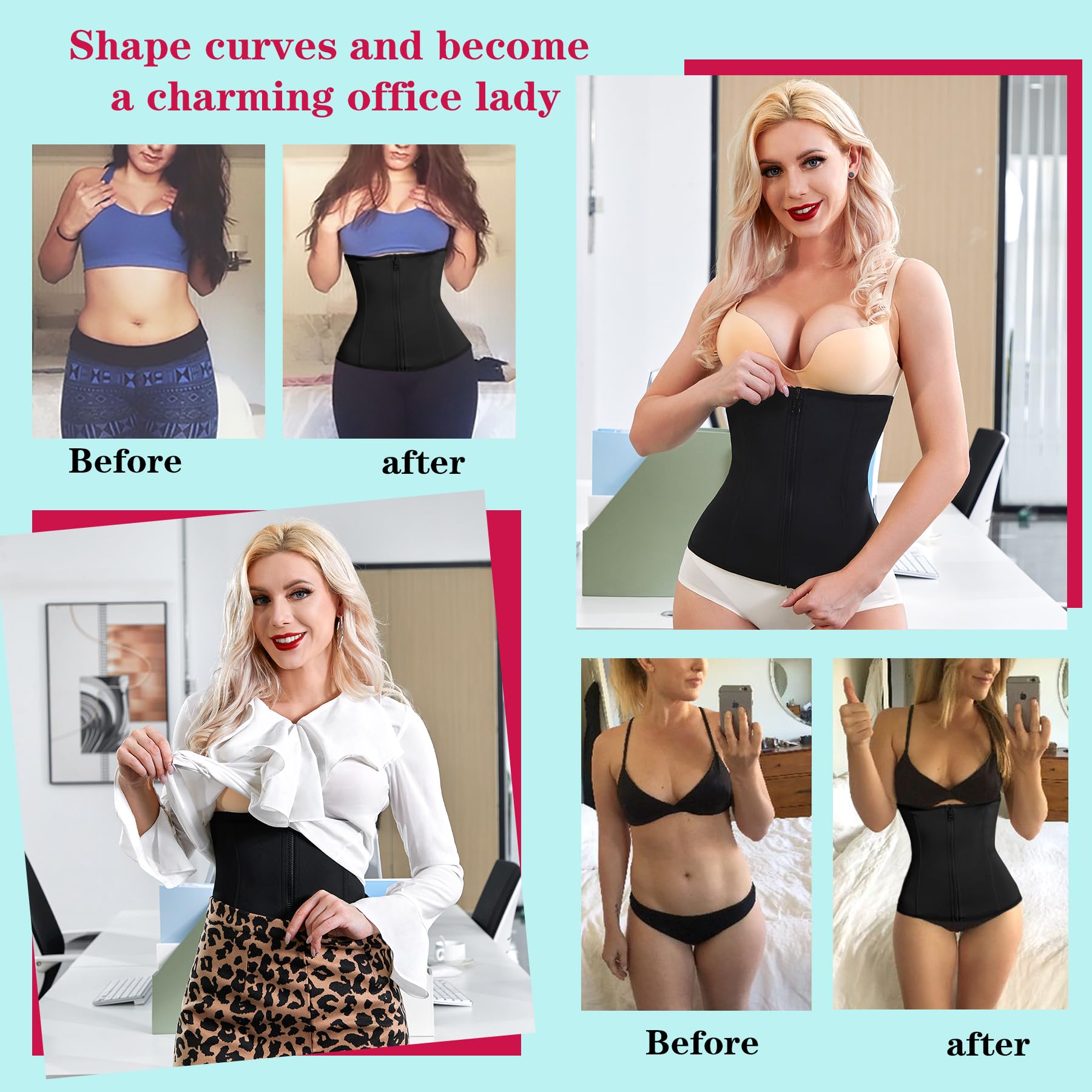 LODAY Waist Trainer Corset for Women Tummy Control Sport Workout Body Shaper Black (XS, Black(Zip and Hooks))