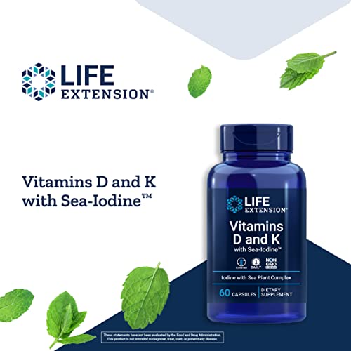 Life Extension Vitamins D and K with Sea-Iodine β Bone, Brain, Thyroid & Arterial Support β Non-GMO, Once Daily, Gluten-Free β 60 Capsules