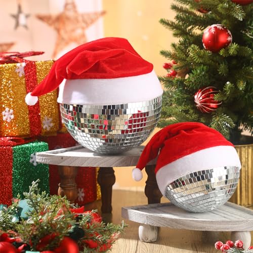Liliful 2 Pcs Christmas Large Disco Ball Ornament With Santa Hat Silver Hanging Reflective Disco Ball for Party (12'', 8'')