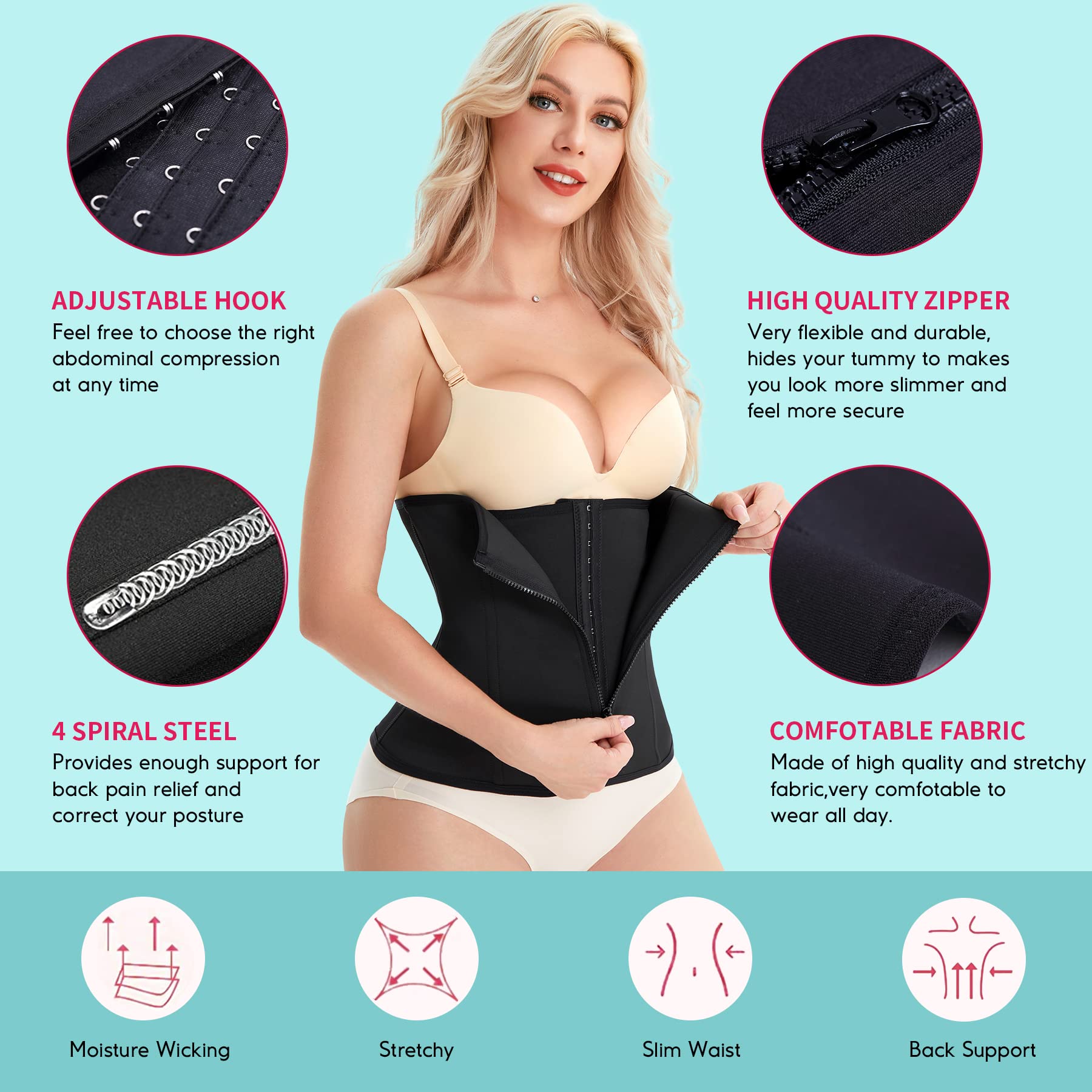 LODAY Waist Trainer Corset for Women Tummy Control Sport Workout Body Shaper Black (XS, Black(Zip and Hooks))