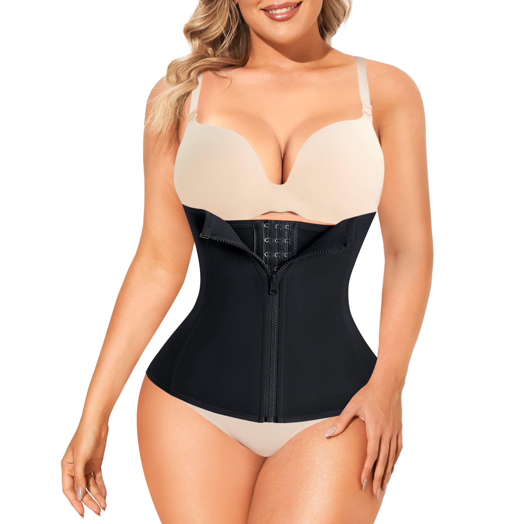 LODAY Waist Trainer Corset for Women Tummy Control Sport Workout Body Shaper Black (XS, Black(Zip and Hooks))