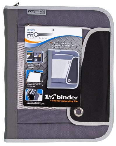 Mead 1-1/2Inch Zipper Binder, 3 Ring Binder, Heavy Duty, PRO Platinum, Gray/Black (72862)
