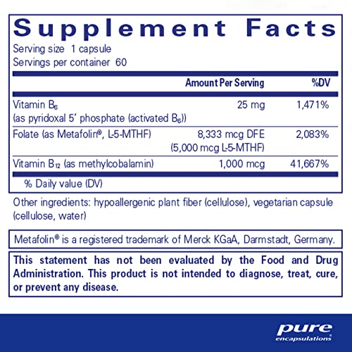 Pure Encapsulations - Folate 5,000 Plus - Activated Folate, Vitamin B12 and B6 Combination - 60 Capsules