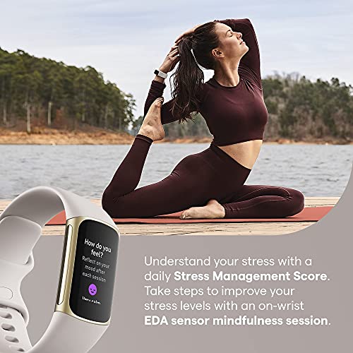 Fitbit Charge 5 Advanced Health & Fitness Tracker with Built-in GPS, Stress Management Tools, Sleep Tracking, 24/7 Heart Rate and More, Lunar White/Soft Gold, One Size (S &L Bands Included)