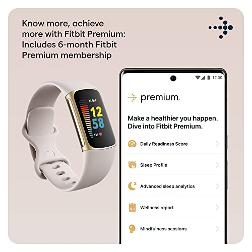 Fitbit Charge 5 Advanced Health & Fitness Tracker with Built-in GPS, Stress Management Tools, Sleep Tracking, 24/7 Heart Rate and More, Lunar White/Soft Gold, One Size (S &L Bands Included)