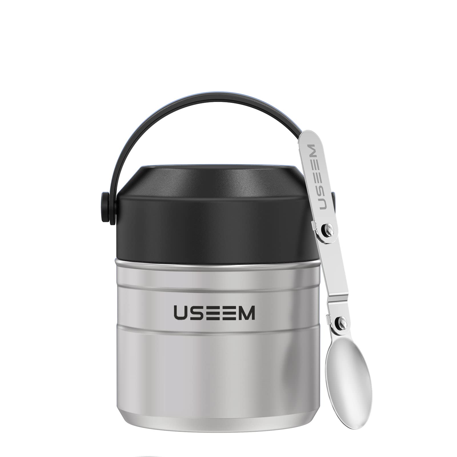 USEEM 17 Ounce Vacuum Insulated Food Jar, 316L Stainless Steel Leak Proof Soup Thermal, Cold Hot Food Container with Folding Spoon, Bowl Lid and Silicone Handle for Kids, Adults(Silver Grey)