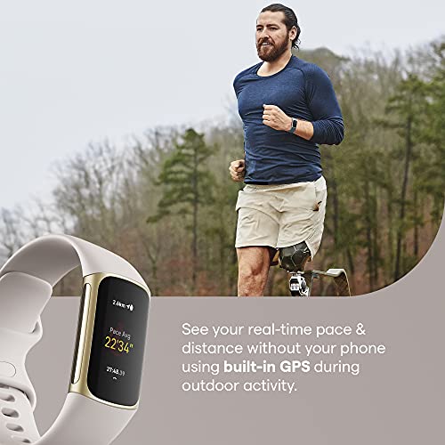 Fitbit Charge 5 Advanced Health & Fitness Tracker with Built-in GPS, Stress Management Tools, Sleep Tracking, 24/7 Heart Rate and More, Lunar White/Soft Gold, One Size (S &L Bands Included)