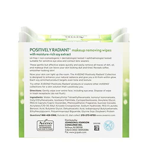 Aveeno Positively Radiant Oil-Free Makeup Removing Face Wipes to Help Even Skin Tone and Texture with Moisture-Rich Soy Extract, Gentle Facial Cleansing Wipes, Twin Pack, 2 x 25 ct.
