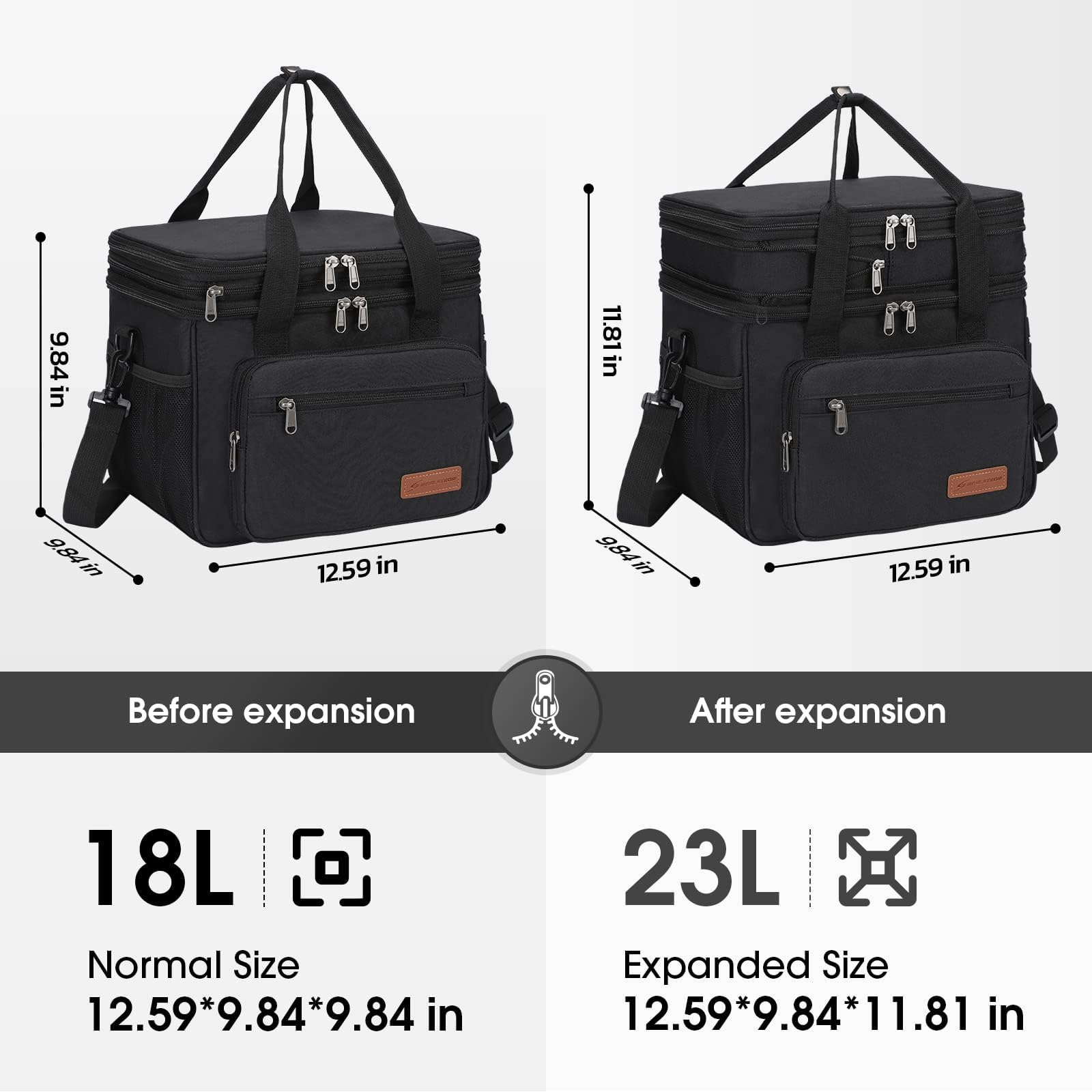 Maelstrom Lunch Box For Men Women,Insulated Lunch Bag Women,Expandable Double Deck Lunch Cooler Bag,Lightweight Leakproof Lunch Tote Bag With Side Tissue Pocket,Suit For Work School 18L,Black