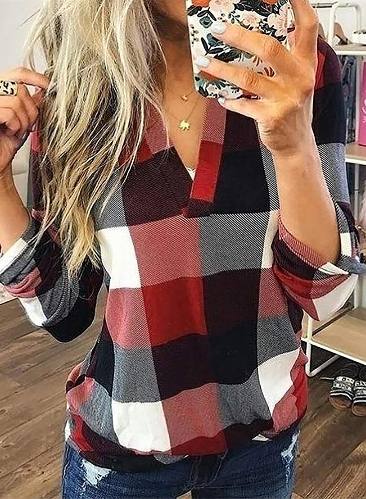 Dokotoo Women's Spring Summer Fall Fashion Casual Ladies Basic Cotton Cuffed 3/4 Long Sleeve Plaid Print V Neck Work Tops Tunic Shirts and Blouses for Women 2024 Red